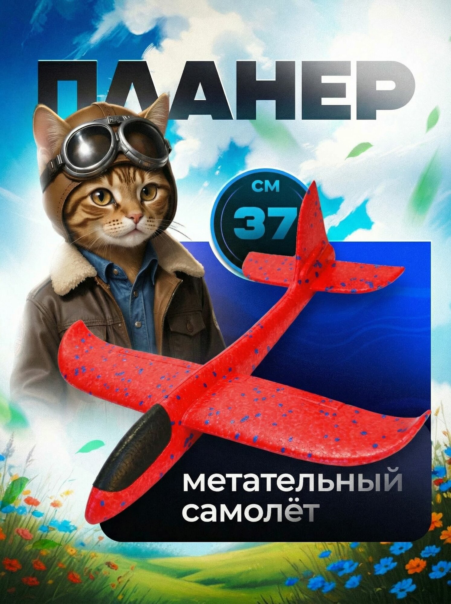 Самолет планирующий метательный, красный, пенопластовый, игрушка 37см