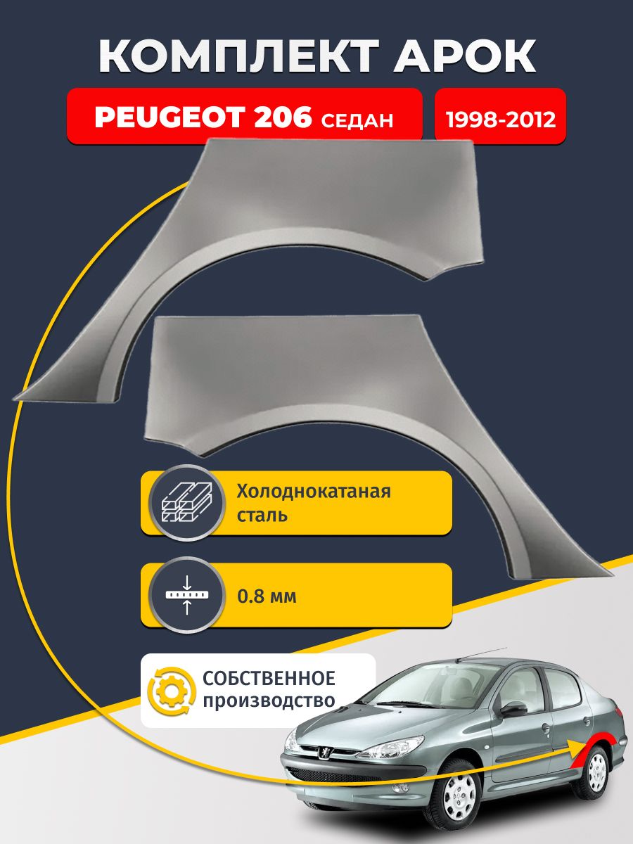 Комплект задних ремонтных арок для автомобиля (2 шт.), Peugeot 206 1998-2012 Седан (Пежо 206). Холоднокатаная сталь 0,8мм.