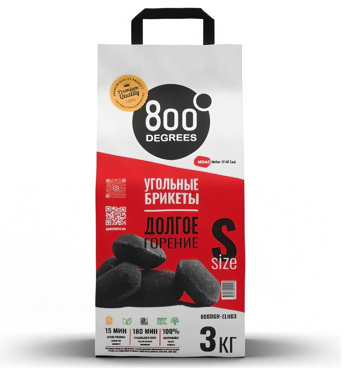 Уголь брикеты 800 Degrees Долгое Горение, мешок 3 кг 800DGR-ELH03