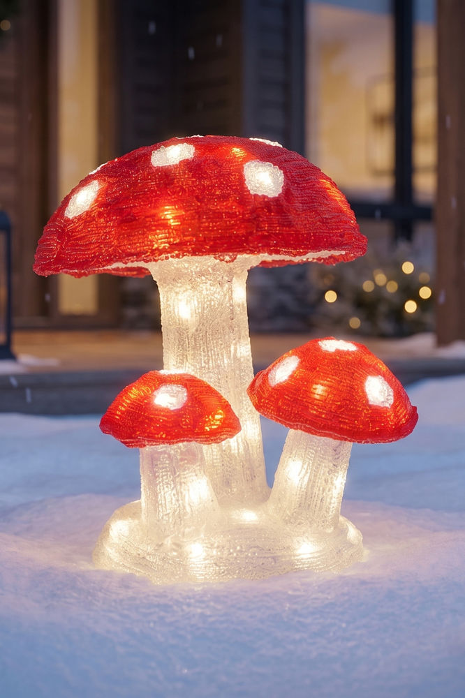 Светящаяся фигура весёлые мухоморы, акрил, 60 холодных белых LED-огней, 31 см, таймер, уличная, Кэминг (Kaemingk) 491258
