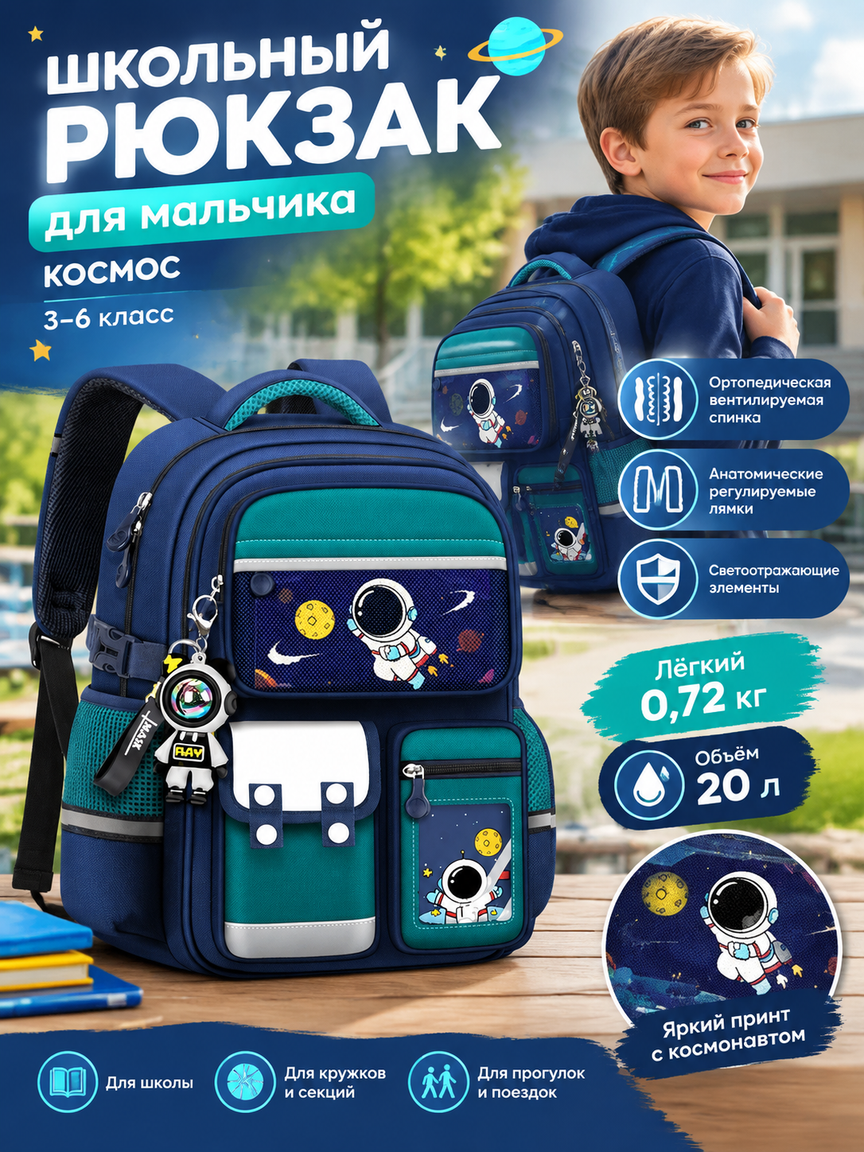Рюкзак школьный для мальчика космос: ортопедическая спинка, 20 л, начальные классы 3-6