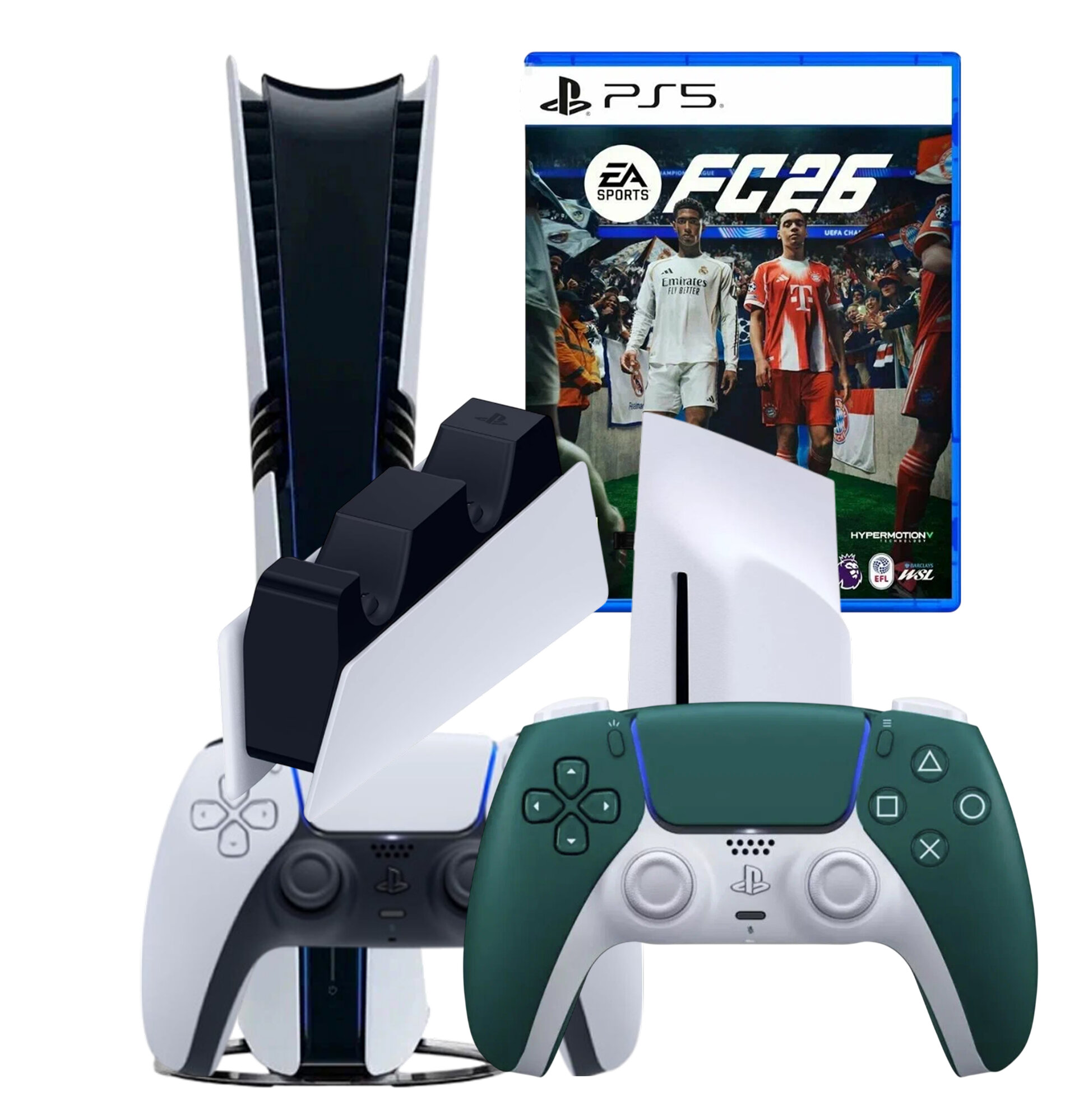 Игровая приставка PS5 Pro + 2й геймпад альпийский зеленый + игра FC26 + станция зарядки + дисковод