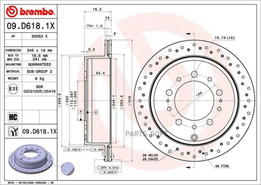 BREMBO 09. D618.1X Диск тормозной задн. серии Brembo Xtra LEXUS LX (_J2_) 08/07-> / TOYOTA LAND CRUISER 200 (_J2_) 08/0 ()