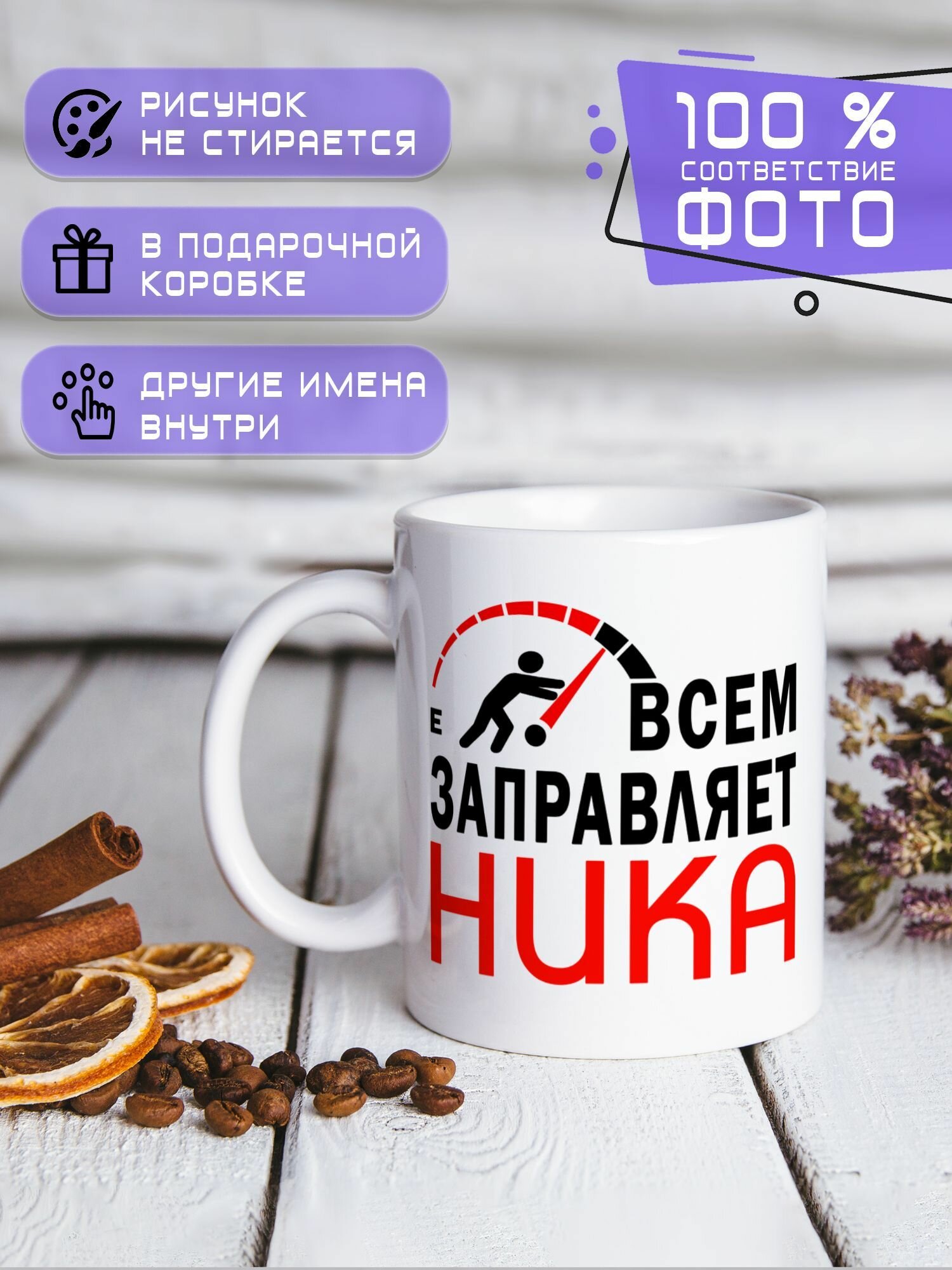 Кружка керамическая подарок на день рождения, именная с принтом "Всем заправляет Ника"