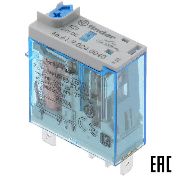Реле промежуточное 46.61.9.024.0040 24В DC 16А 1пере клавишный контакт серия 46 (Finder)