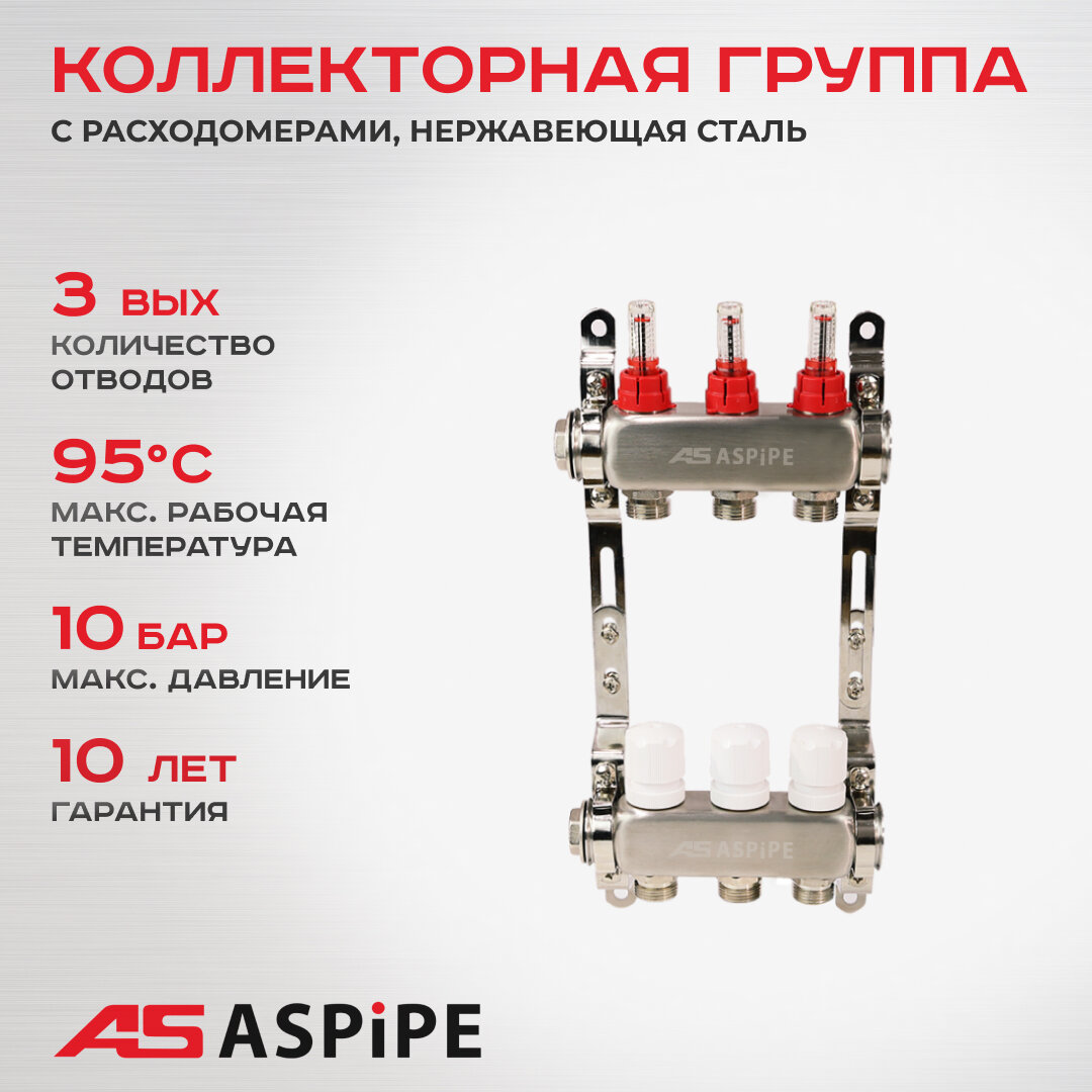 Коллекторная группа ASPiPE (AS-K004) 1"x3/4" на 3 выхода с расходомерами, нержавеющая сталь