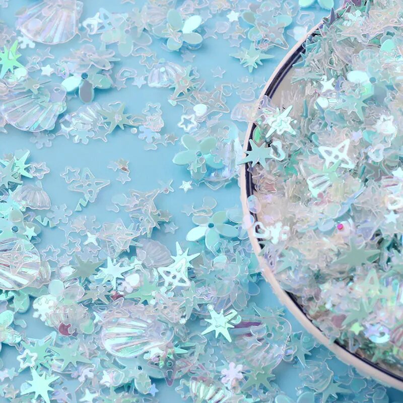 Блестки бирюзовые морские звезды, ракушки, цветы