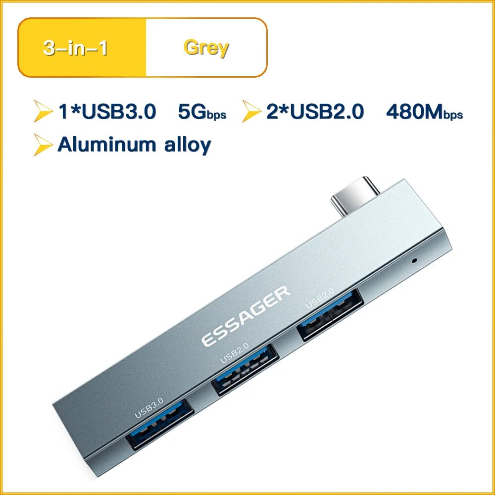 ESSAGER USB-концентратор 3 в 1 Type-C Grey