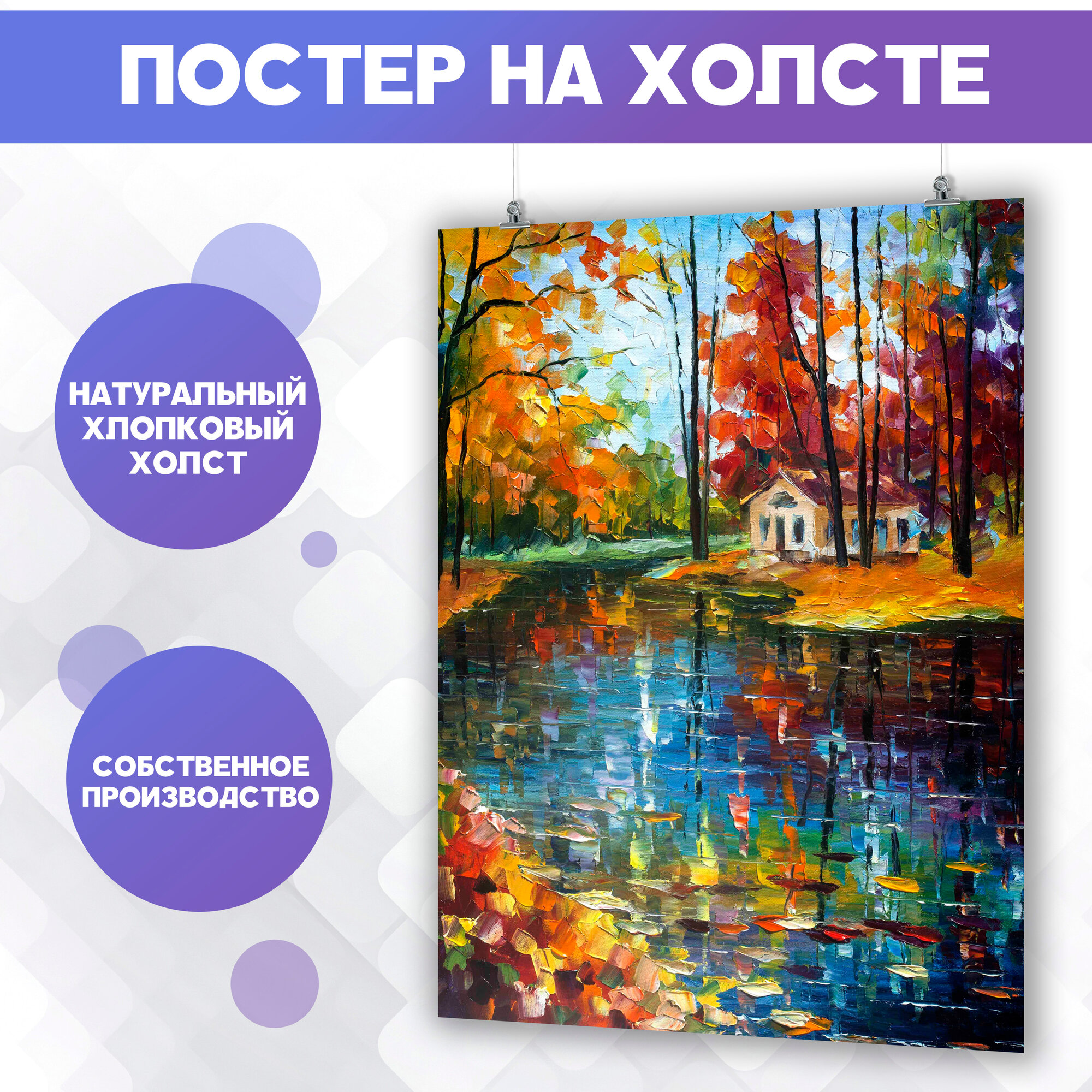 Постер на стену Леонид Афремов, дом у реки, репродукция (2) 30х40 см