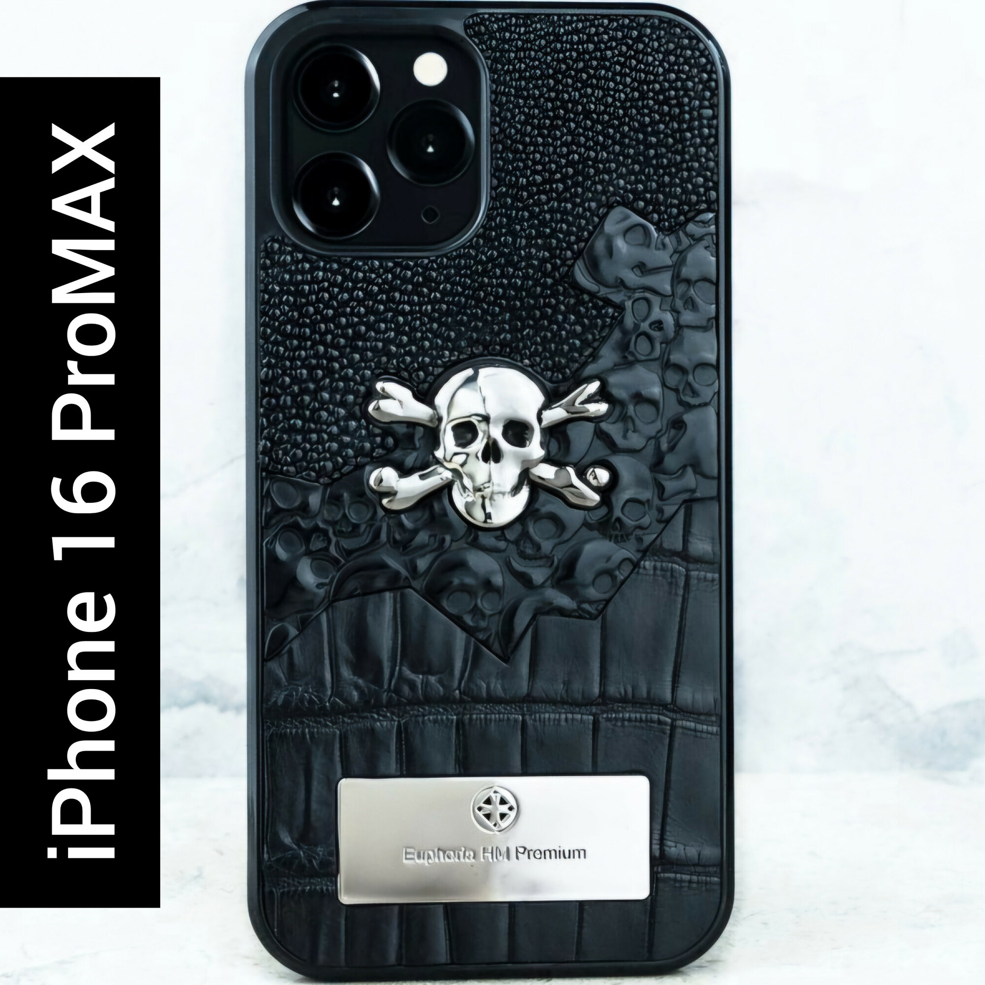Чехол iPhone 16 Pro Max / Crossbones Skull Stingray LUX - Euphoria HM Premium - череп металл, натуральный крокодил