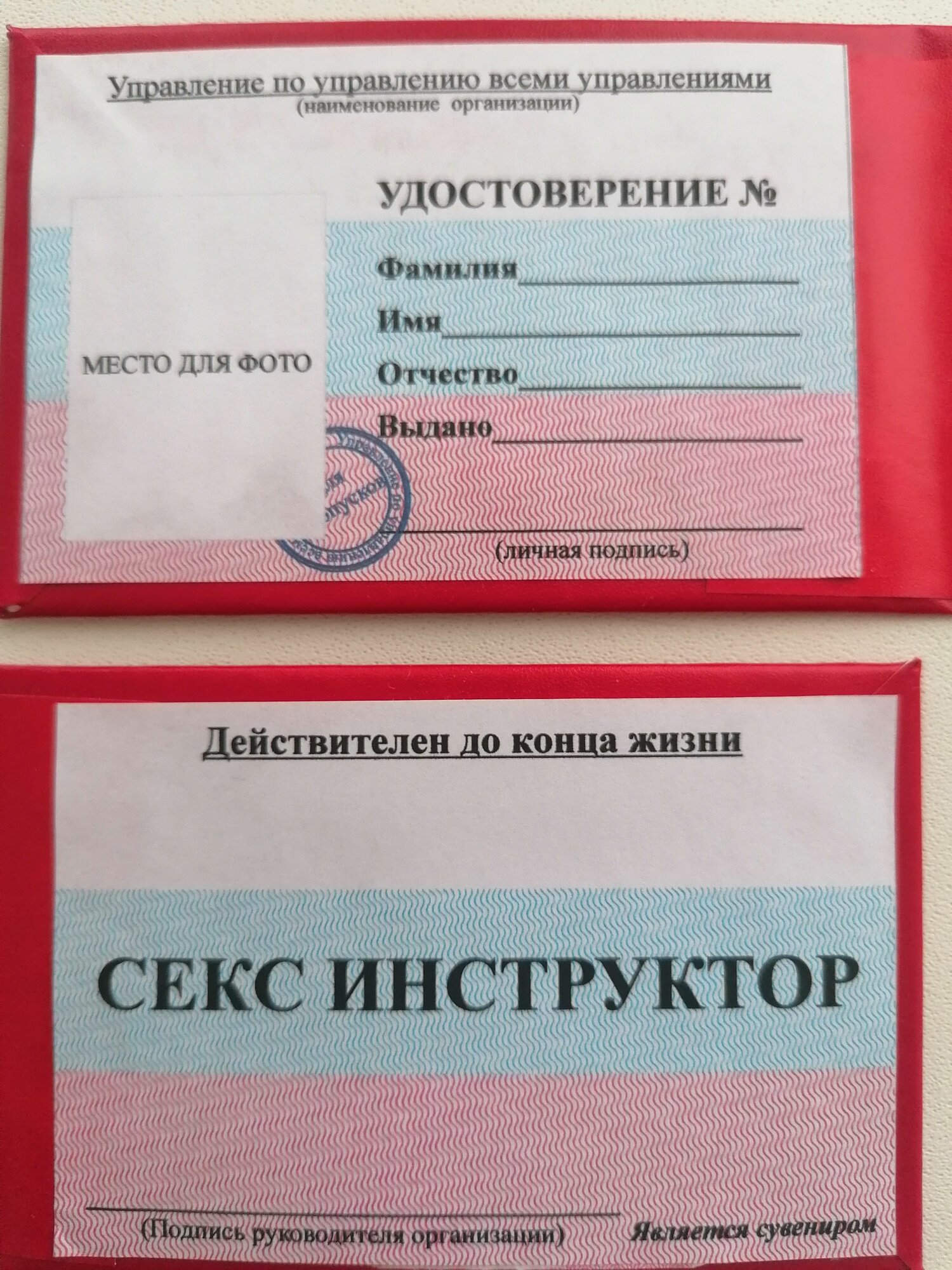 Удостоверение сувенирное ксива Секс инструктор