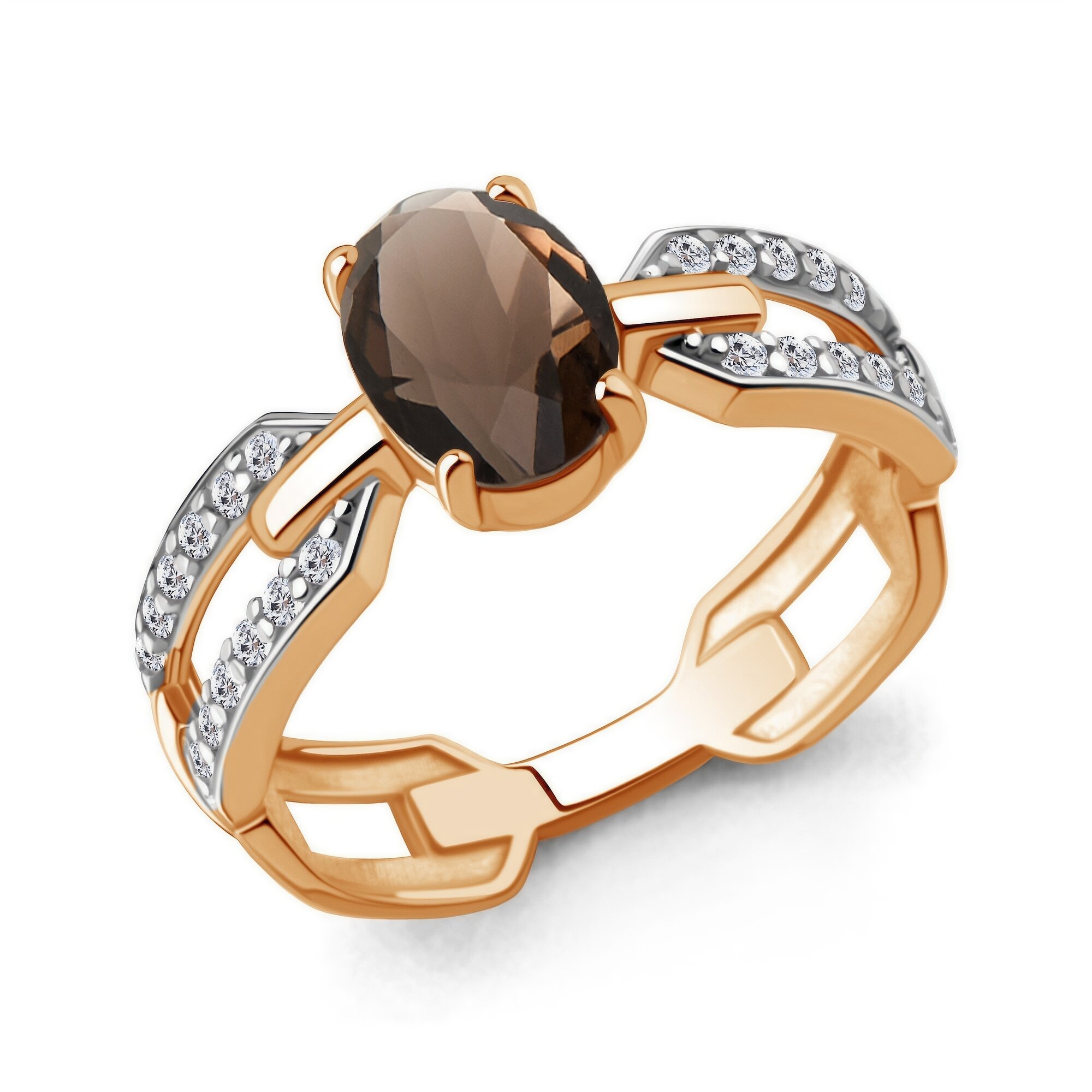 Кольцо, серебро, 925 проба, золочение, фианит, кварц