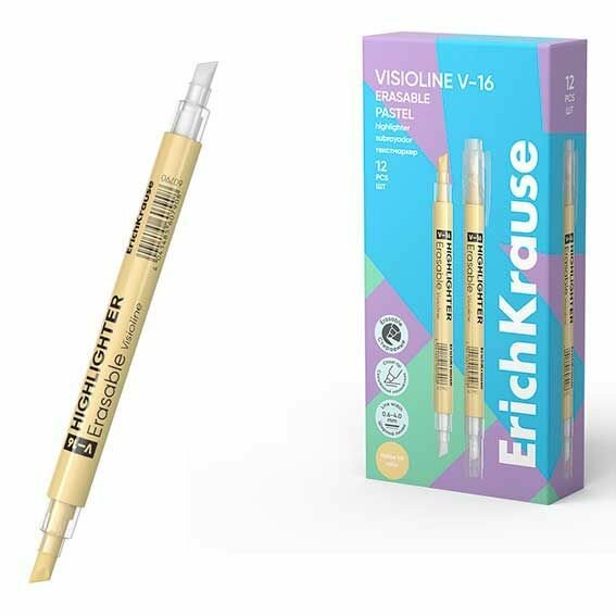 Текстмаркер Erich Krause "Visioline V-16", Pastel, желтый, двусторонний, скошенный, стираемый наконечник, 0,6-4 мм (60790)