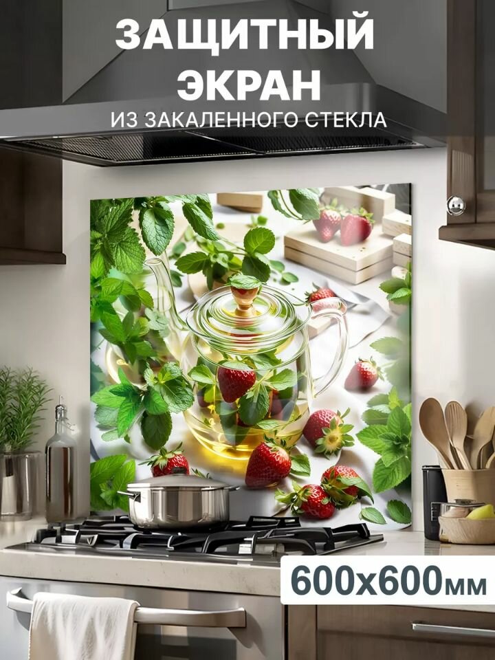 Защитный экран от брызг на плиту 600х600х4мм. Стеновая панель для кухни из закаленного стекла. Фартук для кухни на стену
