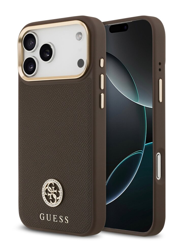 Guess чехол с MagSafe для iPhone 17 Pro, зернистая кожа PU 4G Diamond metal logo Gold camera, коричневый