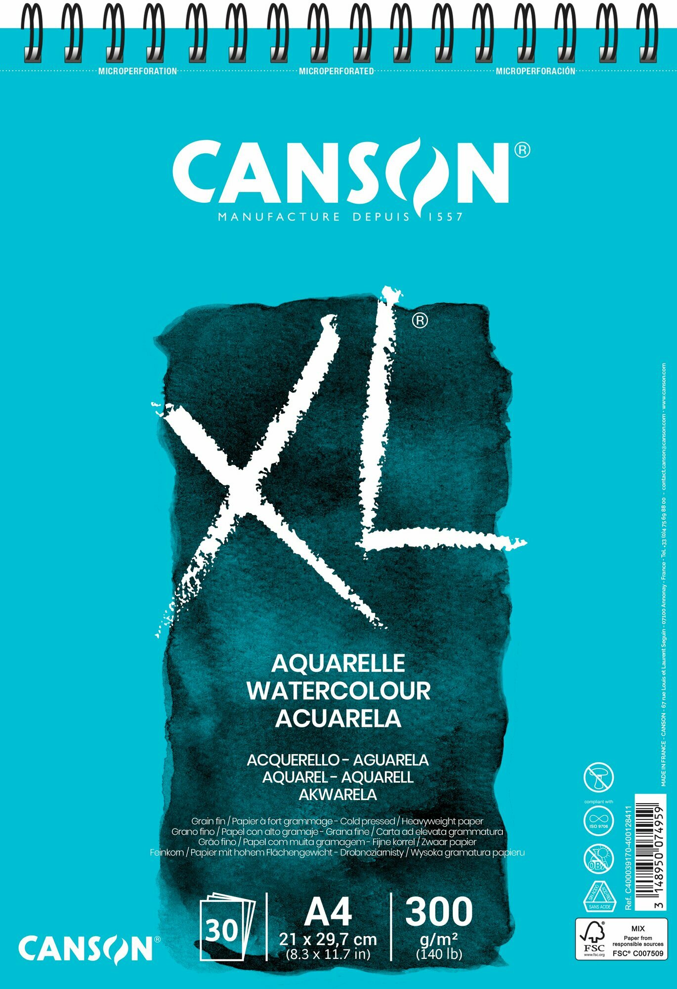 CANSON XL альбом для акварели Aquarelle 300 г/м2, на спирали, 30 листов A4 21 х 29.7 см, C400039170