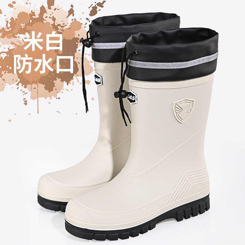 Новинка 2025 года: водонепроницаемые резиновые ботинки в японском и корейском стиле, модная обувь для плавания, нескользящие мужские резиновые сапоги до середины голени с флисовой подкладкой