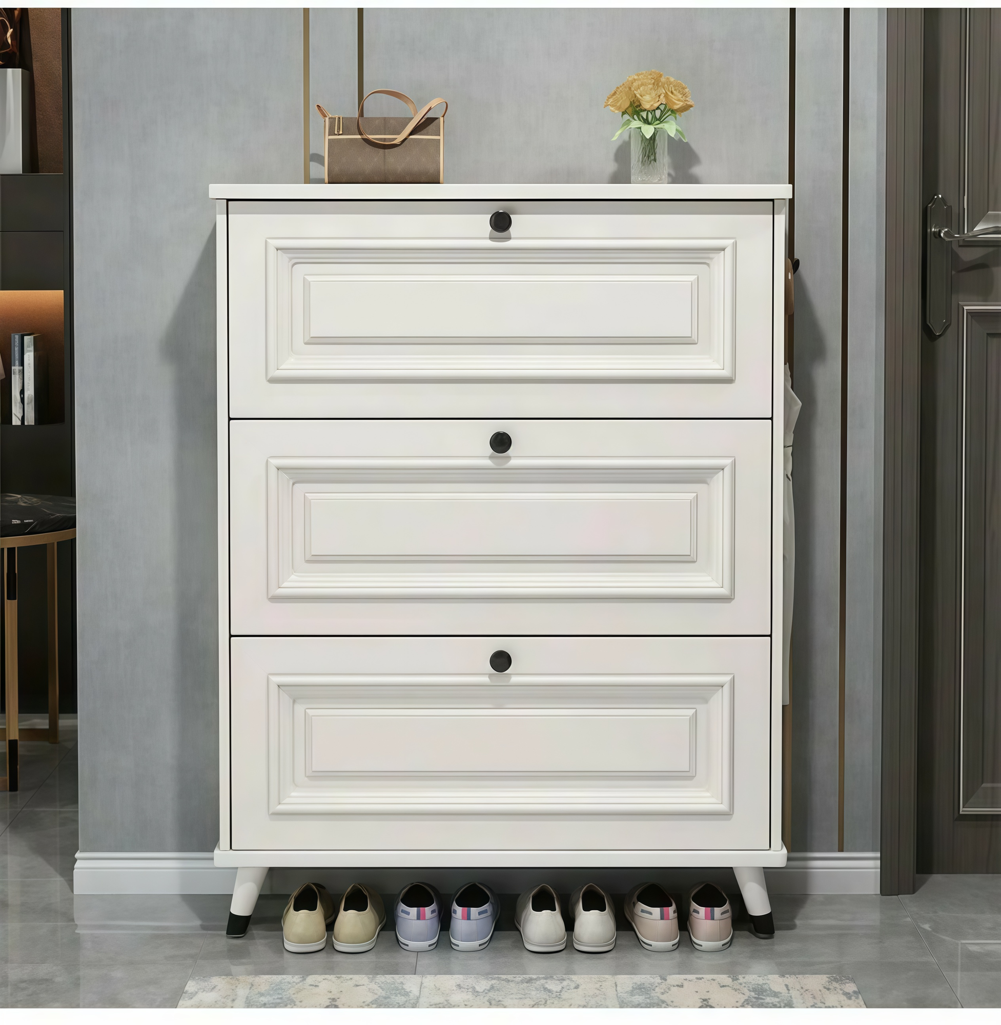 Обувница, напольная, МДФ, современная, с ящиком, 60x17x120см