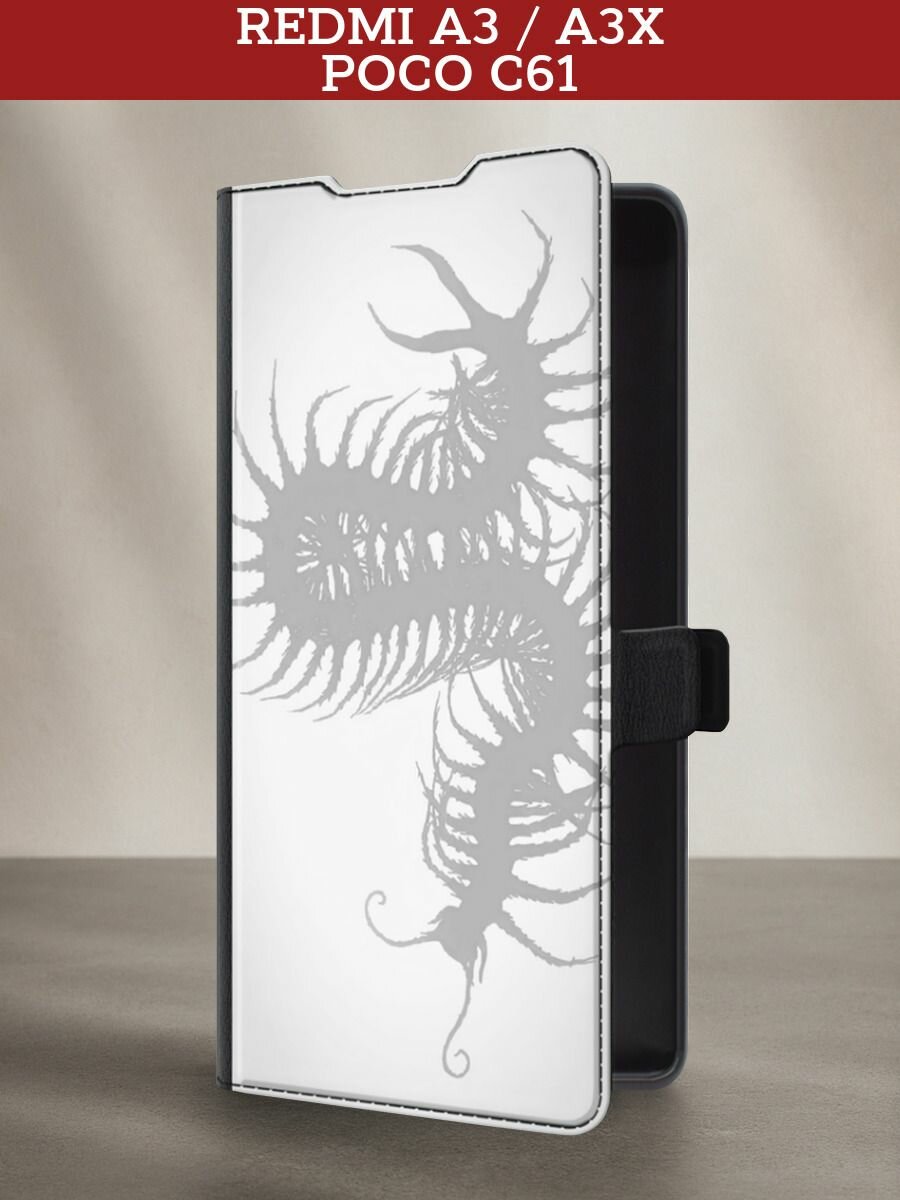 Чехол-книжка на Xiaomi Redmi A3/A3x/Poco C61 / Редми А3/Редми А3х/Поко С61 с принтом Серая многоножка, черный