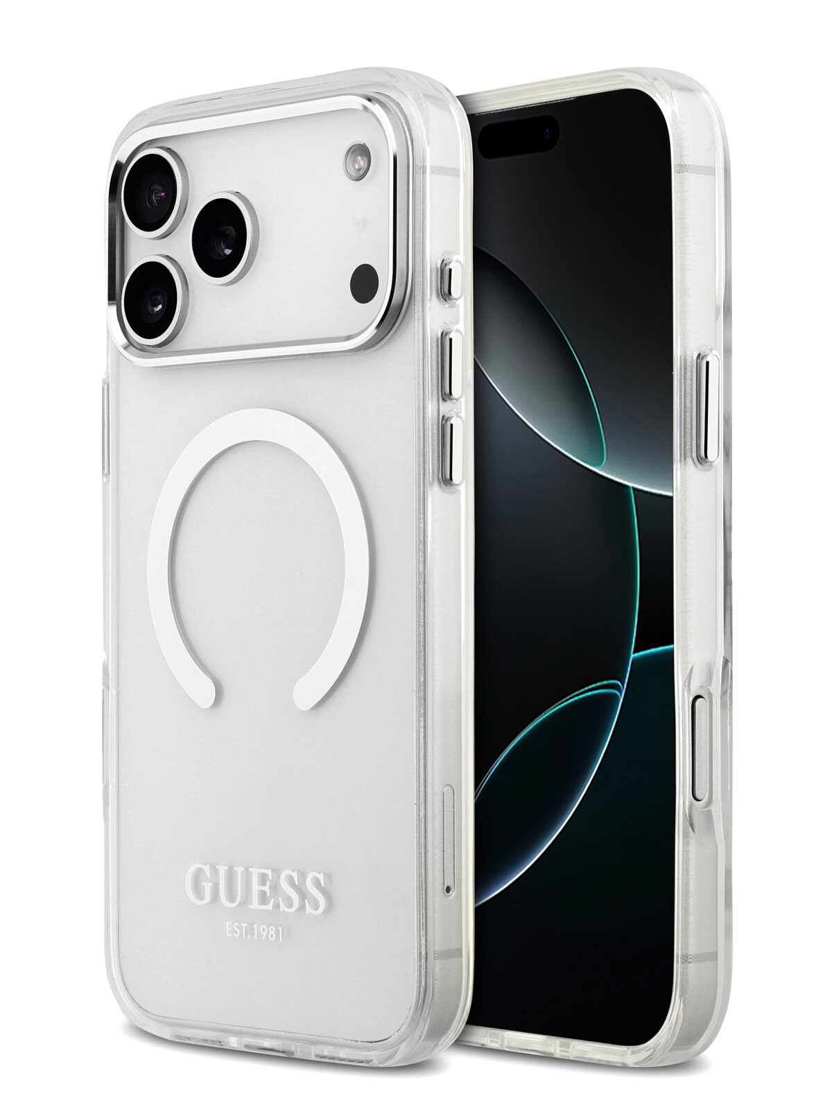 Чехол Guess на iPhone 17 Pro Max, с магнитами MagSafe, с металлической фурнитурой, прозрачный/серебистый