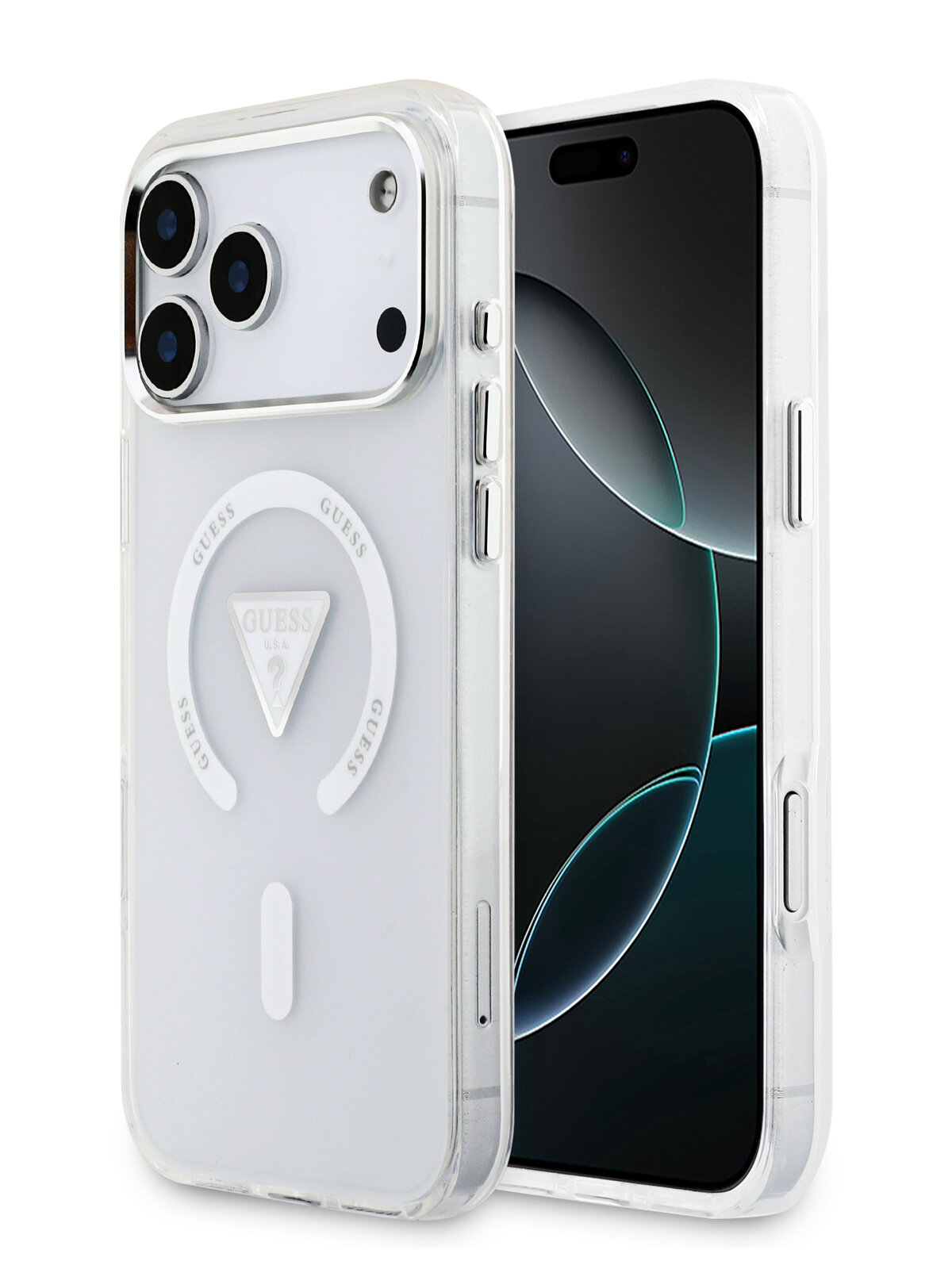 Чехол Guess на iPhone 17 Pro Max, с магнитами MagSafe, с принтом IML Design, с бортиком вокруг камеры, прозрачный