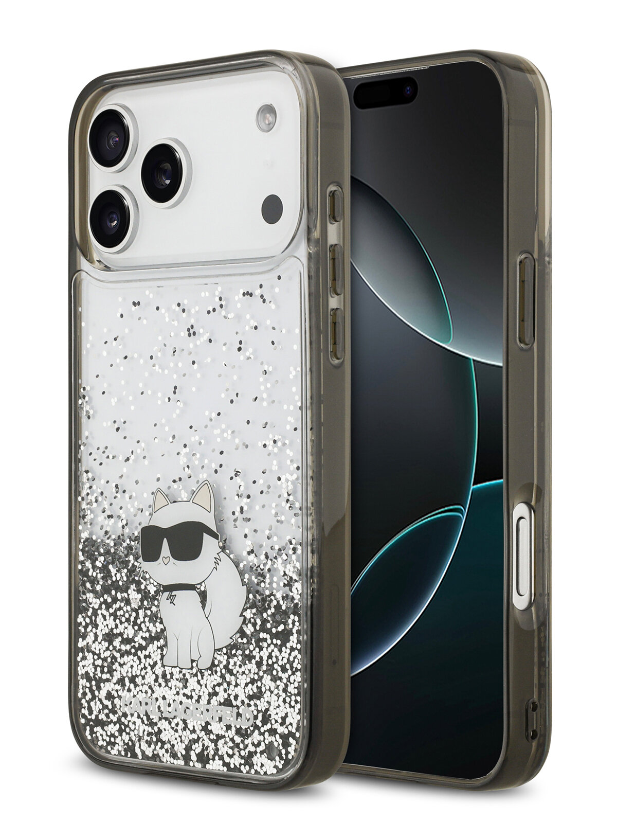 Чехол Karl Lagerfeld на iPhone 17 Pro Max, Liquid glitter c жидкими блестками, с защитным бортиком, прозрачный