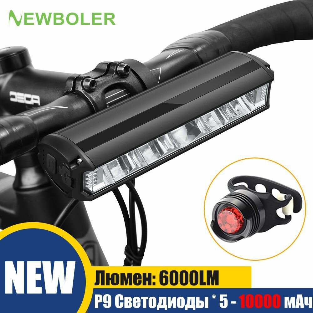 NEWBOLER 10000 мАч Водонепроницаемый Велосипедный фонарь 6000 люмен+ Задний фонарь