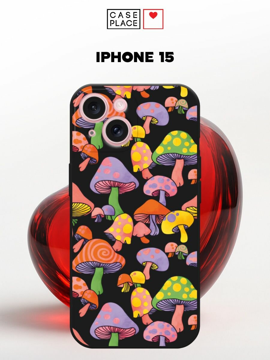 Черный матовый чехол на Apple iPhone 15 / Айфон 15 с принтом Цветные грибы