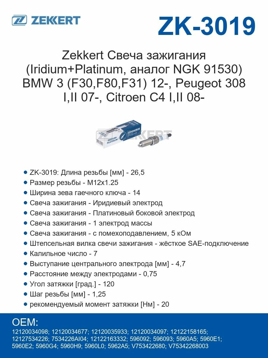 Zekkert Свеча зажигания (Iridium+Platinum, аналог NGK 91530) BMW 3 (F30, F80, F31) 12-, Peugeot 308 I, II 07-, Citroen C4 I, II 08-