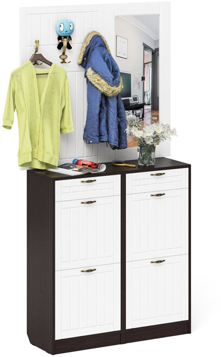 Две тумбы для обуви с ящиками, вешалка и зеркало П-6, венге/фасады МДФ белое дерево фрезеровка прованс 110х35х200 см.