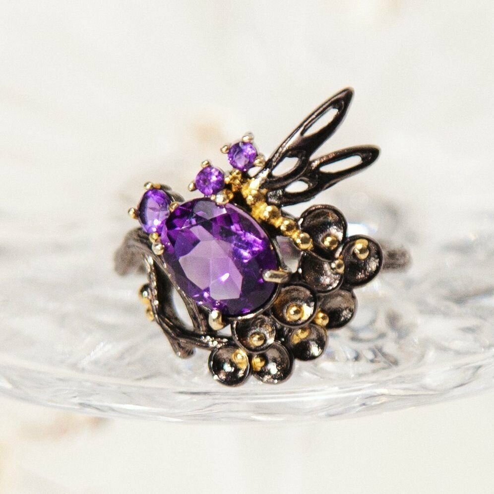 Кольцо помолвочное, серебро, 925 проба, золочение, родирование, чернение, аметист