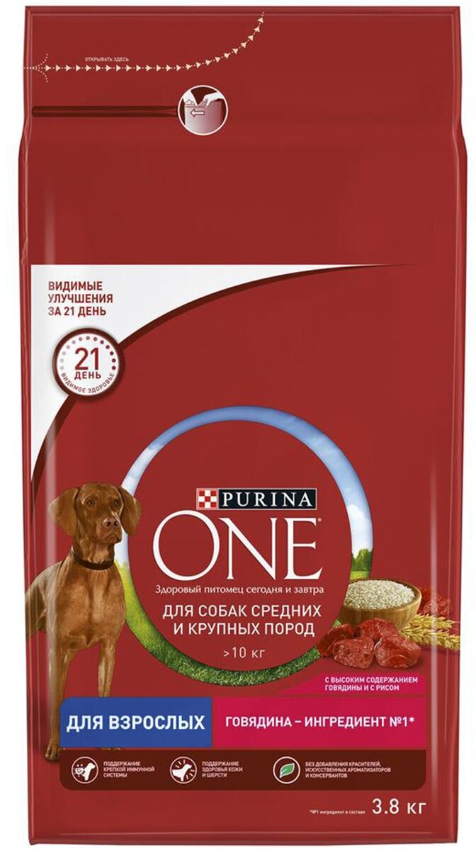 PURINA ONE для взрослых собак средних и крупных пород с говядиной и рисом (3,8 кг)