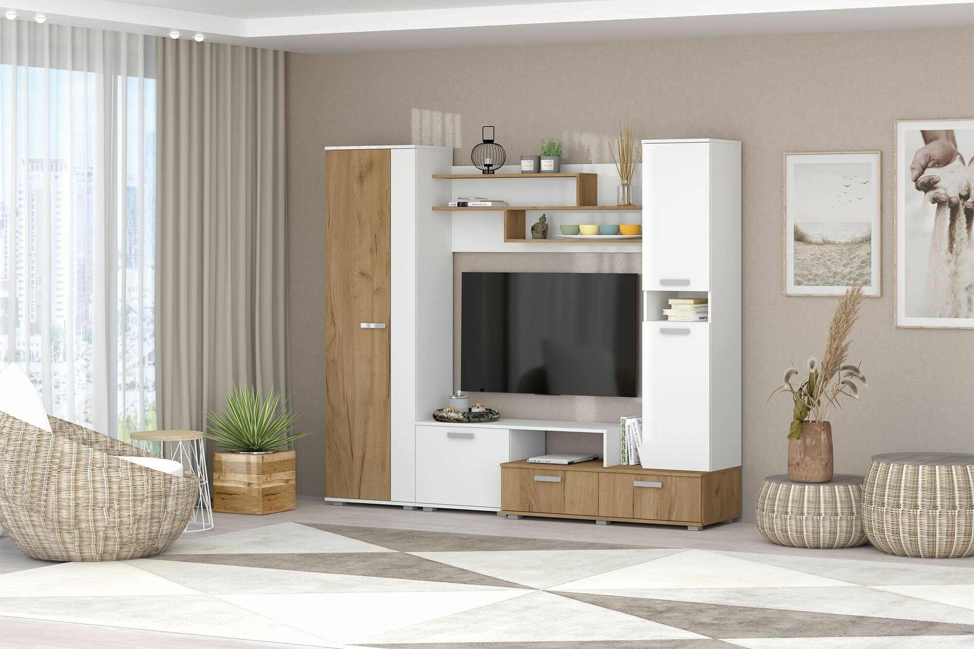 Стенка для гостиной "Юна" Белый Текстурный/Дуб Крафт Золотой