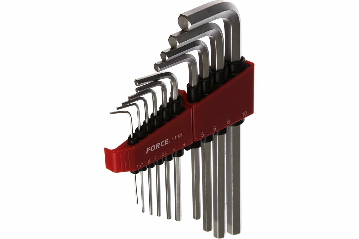 FORCE 5102L Набор средних Г-образных шестигранников, 10 предметов из хром-ванадиевой стали
