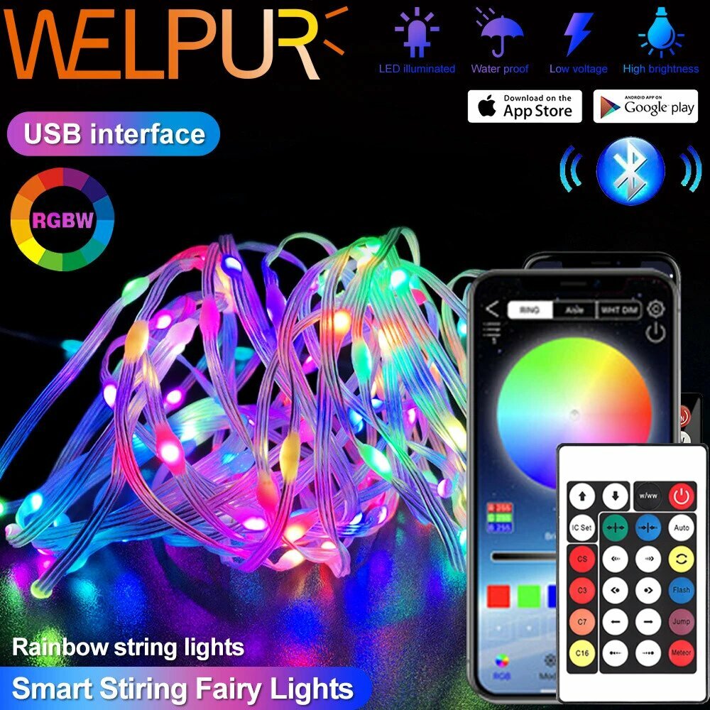 WELPUR Bluetooth RGBIC светодиодная гирлянда 2 метра 15M 150LED