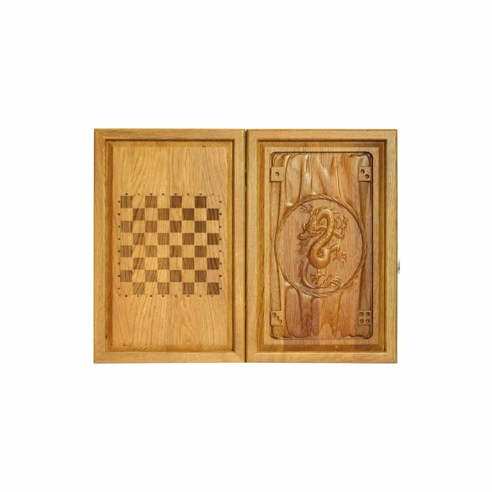 Резные объемные нарды+шашки дорожного размера из массива мореного дуба Дракон 36*46 см 999-33-14