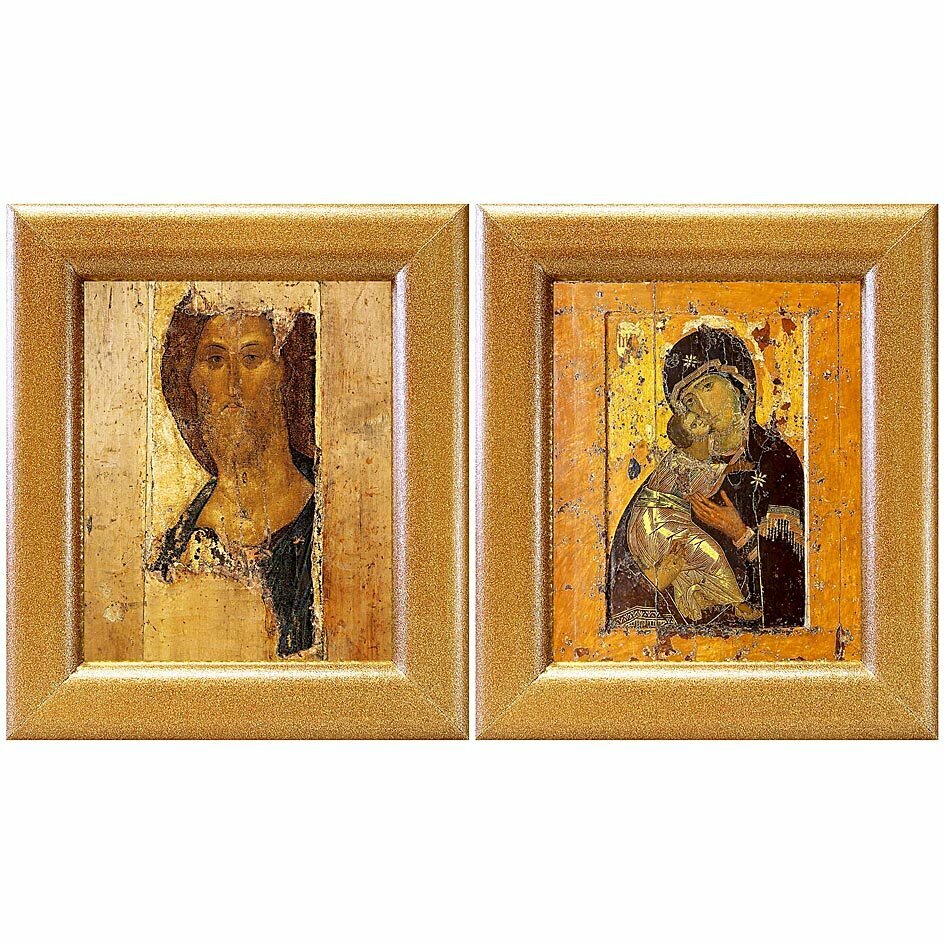 Венчальная пара "Спас Вседержитель (Андрей Рублев, 1410 г) - Владимирская икона Божией Матери (XII в)", две иконы в широких деревянных рамках 14,5*16,5 см