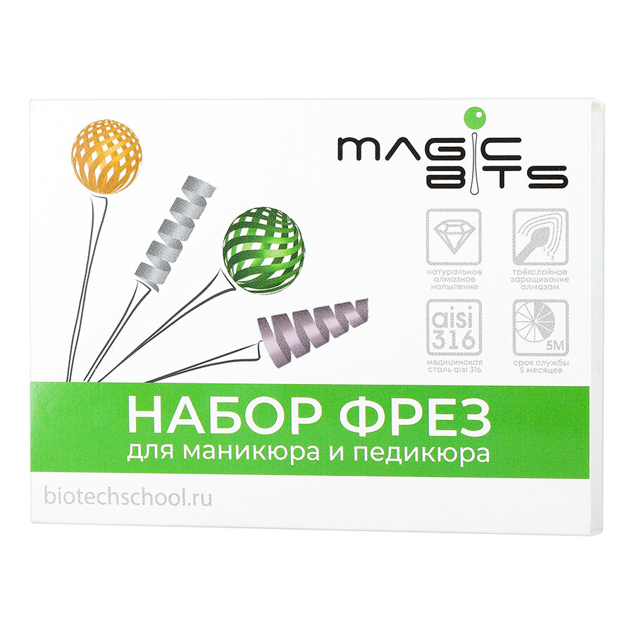 Набор фрез для маникюра Magic Bits для кутикулы, чечевица, шар, конус, фиссура, алмазные