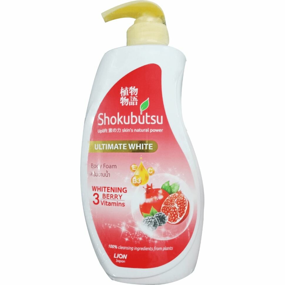 LION "Shokubutsu" Гель-пена для душа 900мл "Ягодный" отбеливающий