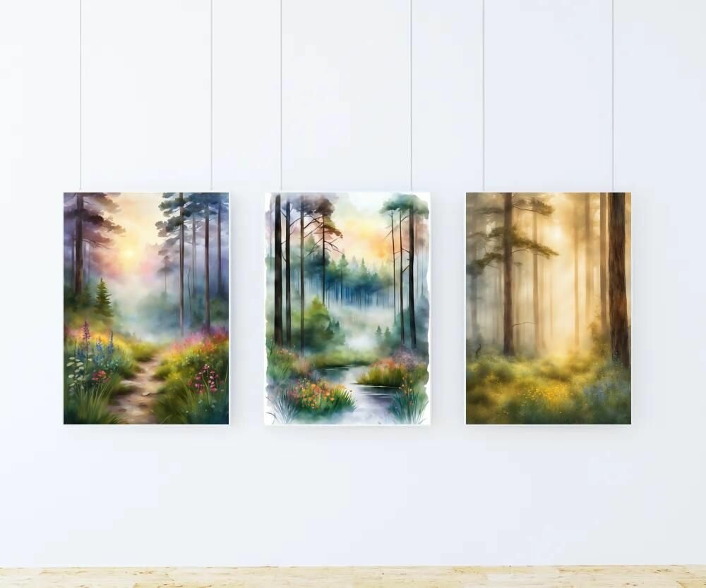 Постеры 3 шт, формат 40х60 без рамы "Лесные пейзажи на рассвете в акварельном стиле"