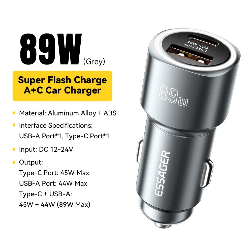 Автомобильное зарядное Essager 89W (Grey) USB-C, USB-A