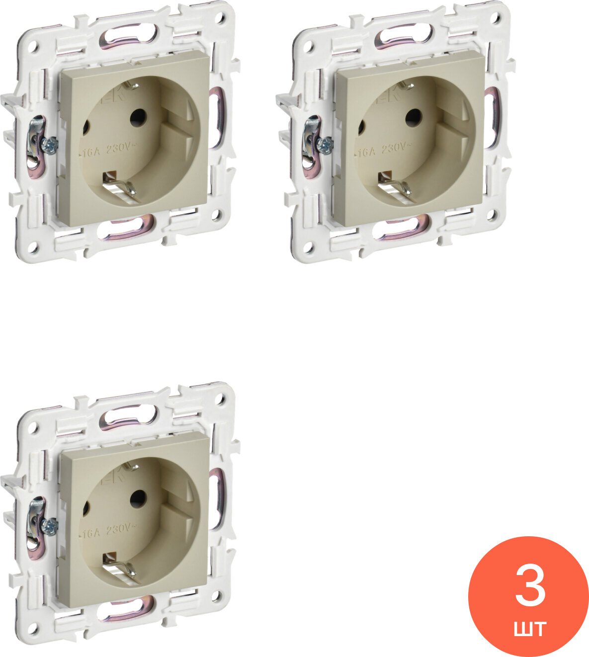 Розетка силовая штепсельная IEK / ИЭК SKANDY SK-R05B, одноместная 16А 230В IP20, бежевый, с заземлением без защитных шторок, SK-R11-16-K10 (комплект из 3 шт)