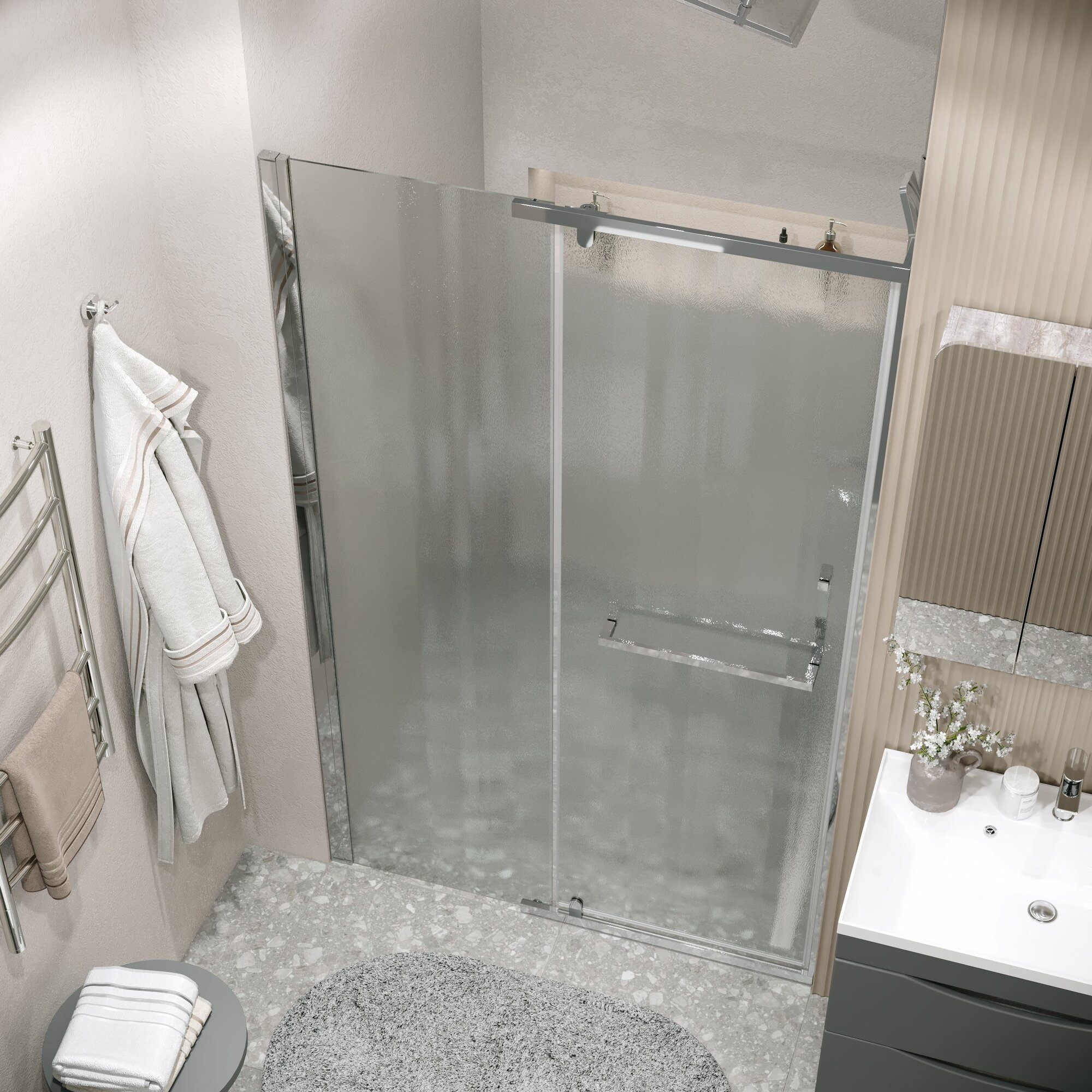 Дверь в нишу Grossman Pragma 100. K33.03.120.10.02 (120х195) хром, стекло шиншилла, распашная, 1 место