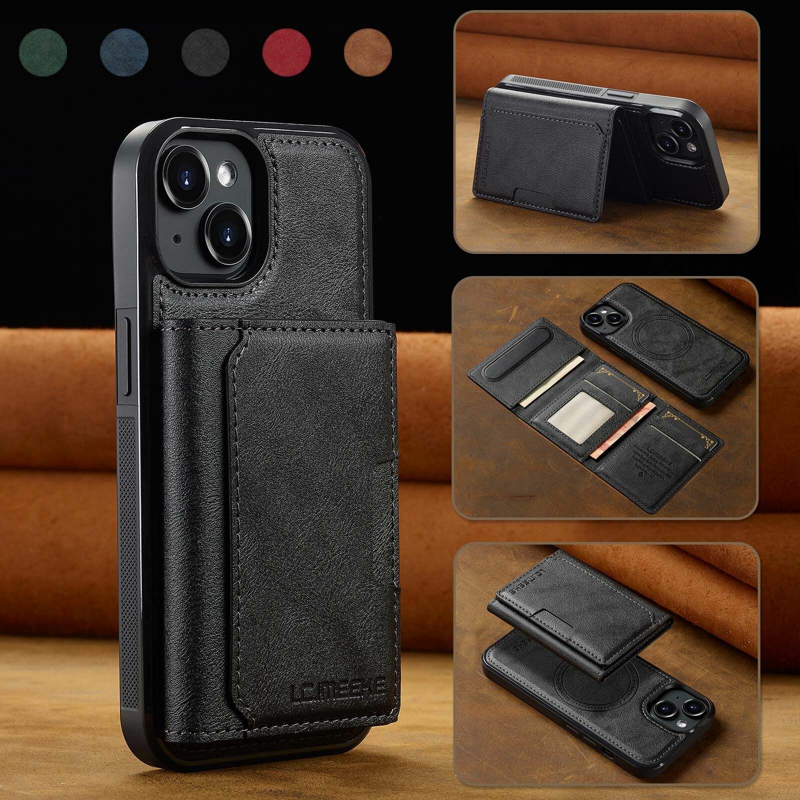 Кожаный защитный чехол для Apple iPhone 14 Plus/15plus(Эпл Айфон 14 Плюс 15Плюс) со съемным держателем для карт 2 в 1, сильной магнитной адсорбцией, поддержкой беспроводной зарядки