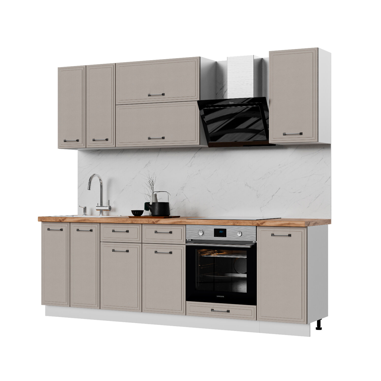 Кухонный гарнитур, столешница Дуб Вотан 26мм, Кухня Индира 240см Белый/Дюна