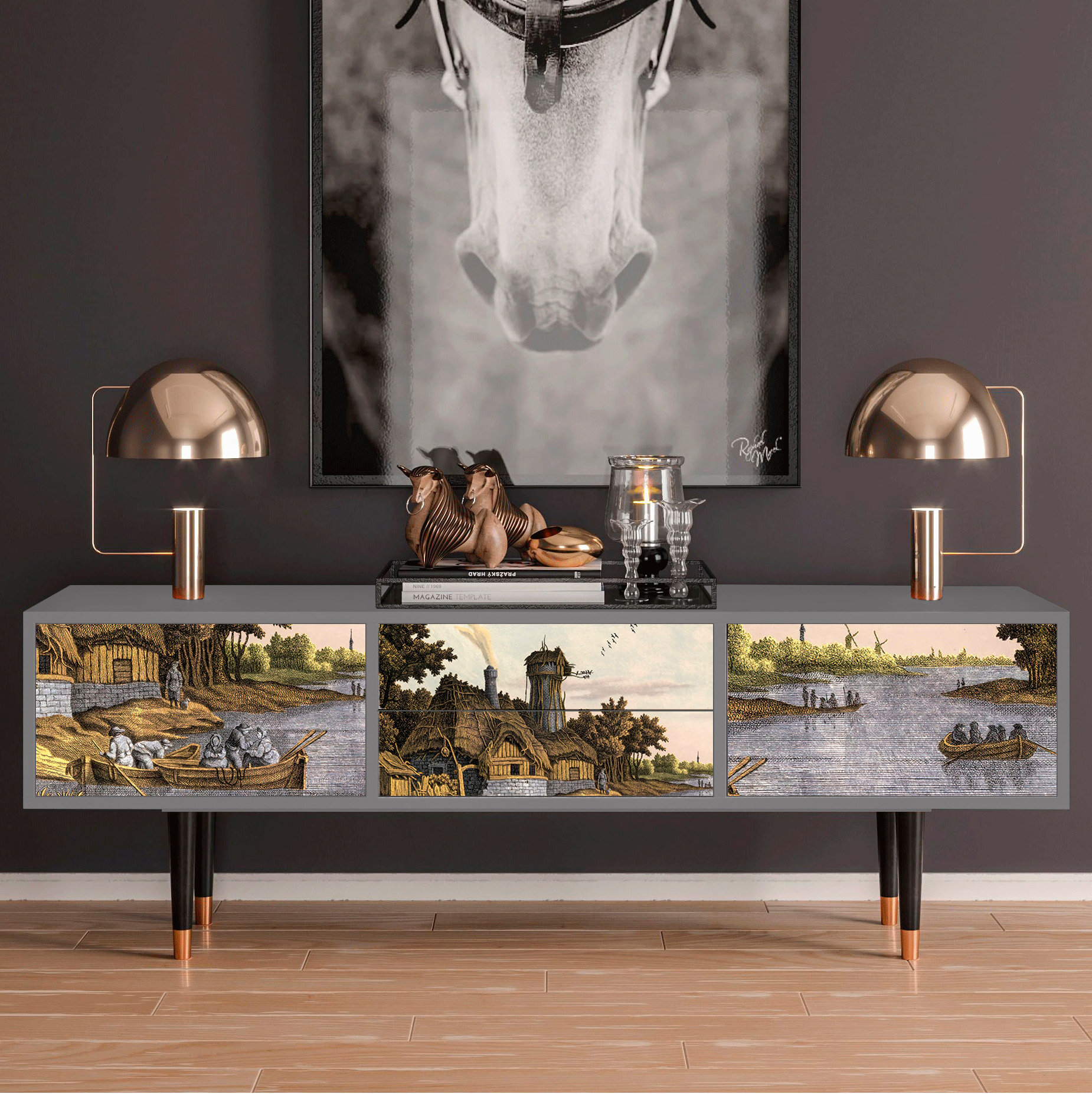 ТВ-Тумба - STORYZ - T4 Mill along a River by Jonas Zeuner, Размер - 170 x 59 x 48 см, Цвет корпуса - , Серый