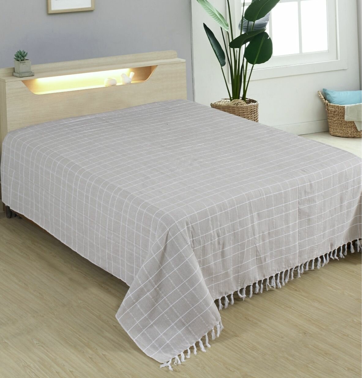 Shekhor Покрывало Индира Премиум хлопковое с бахромой Индия бежевое SGP-006 225х250 см