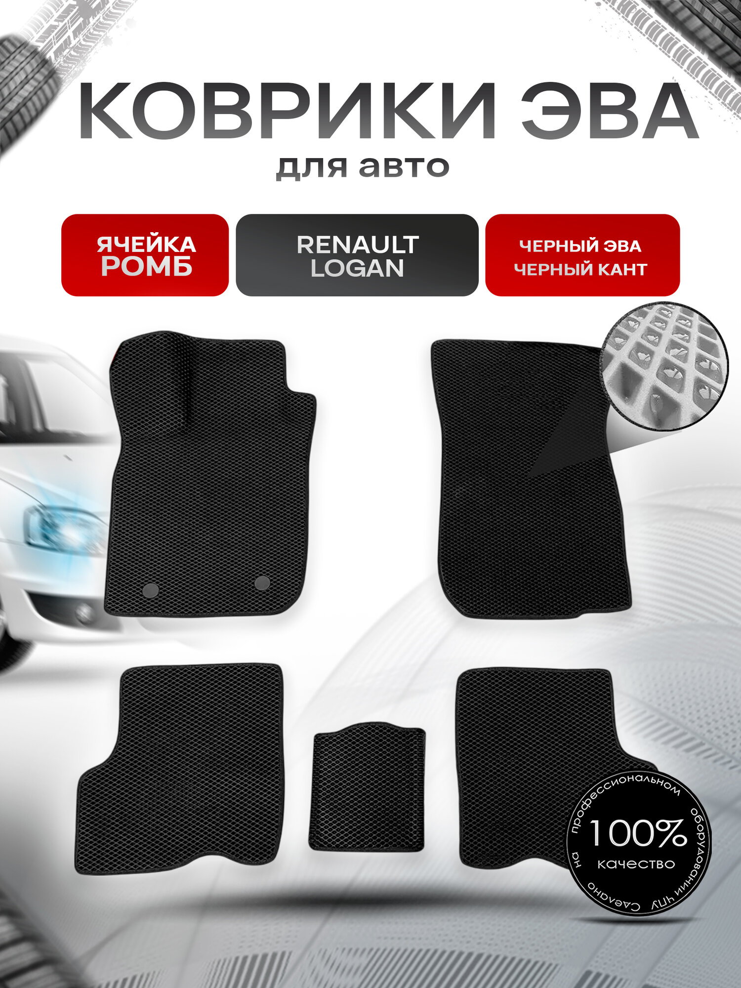 Коврики ЭВА для авто Renault Logan / Рено Логан 2004-2014 Г. В. Чёрный С Чёрным Кантом