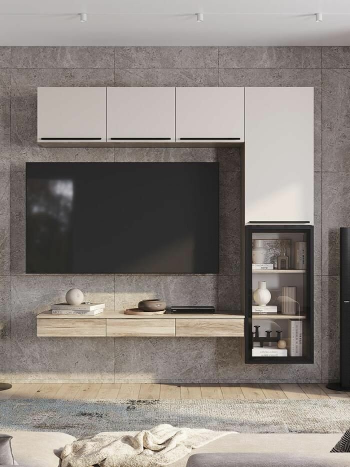 Гостиная комплект Урбан Мини, навесной шкаф, шкаф-витрина, тумба, Дуб смоки / Кашемир