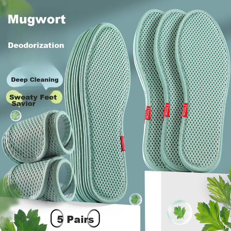 NanJiren 5 Pairs, Mugwort Odor-Resistant Insoles for Men, Breathable, Sweat-Absorbing, Deodorizing, Shock-Absorbing, Military Training, Women's Soft And Elastic, Long-Standing, Summer, Size 38